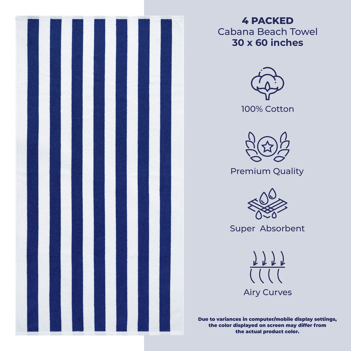 4 Pack Premium Beach Towels, Premium Cotton, Cabana Striped Pool Towels